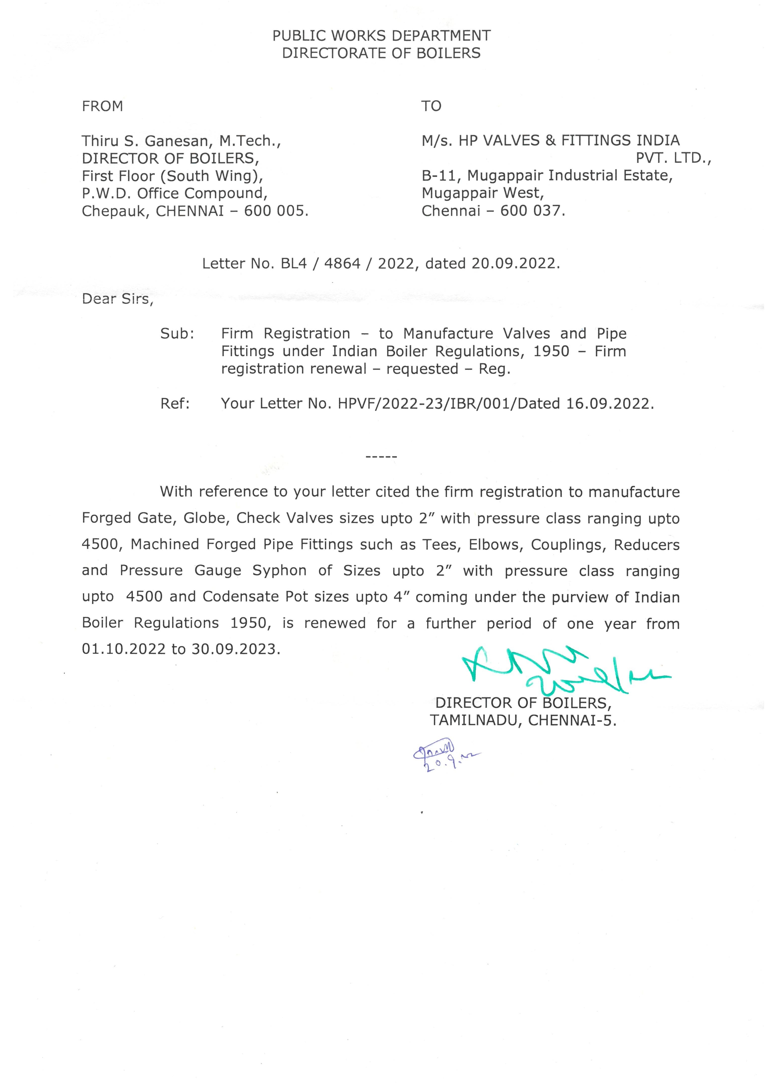 Approval Letter | Valves and Fittings | Leading Valves and Fittings ...