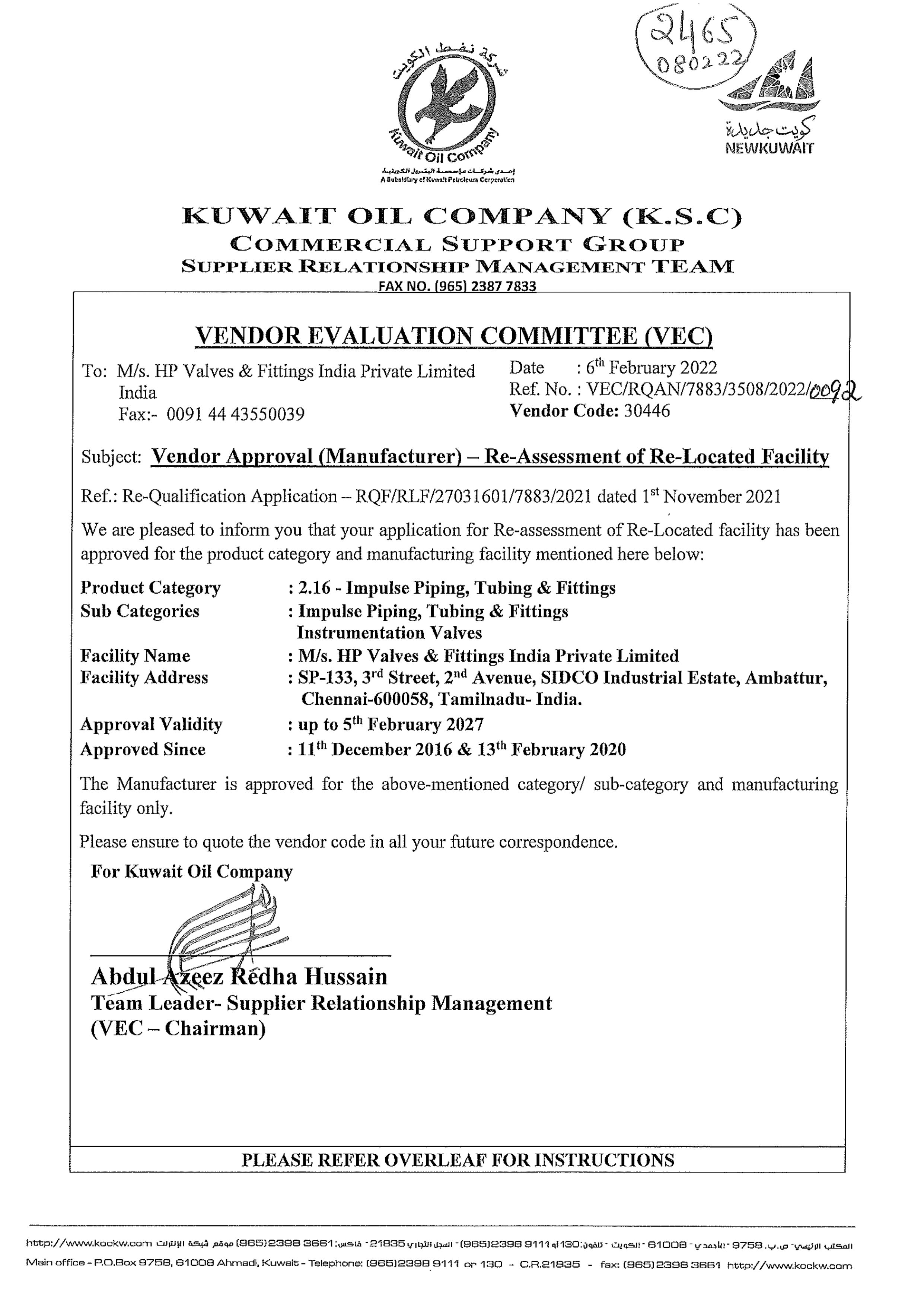 Approval Letter | Valves and Fittings | Leading Valves and Fittings ...