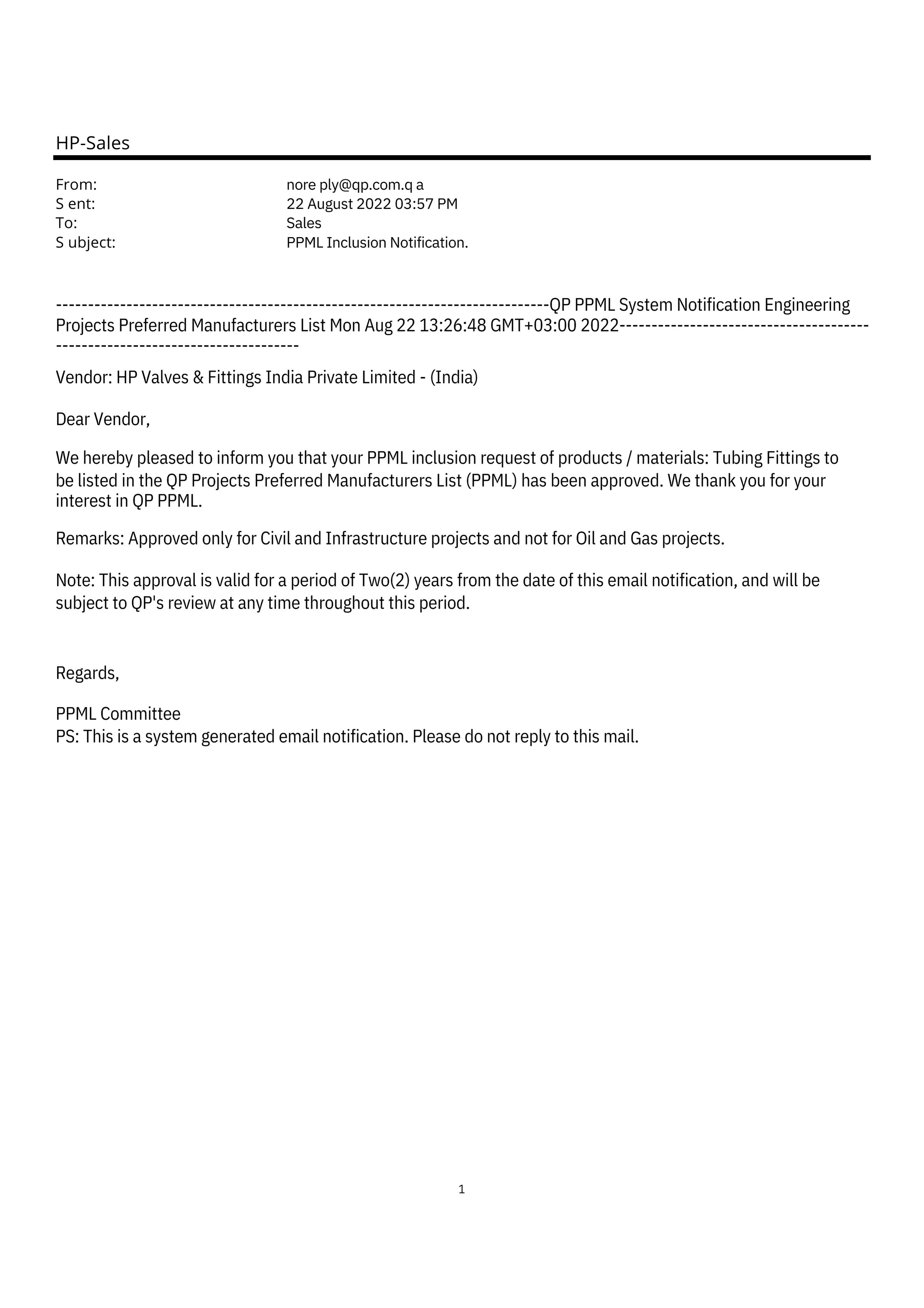 Approval Letter | Valves and Fittings | Leading Valves and Fittings ...